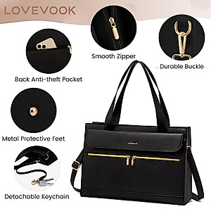 LOVEVOOK Laptop Bag for Women 15.6 Inch Laptop Tote Work Bag Professional Leather Computer Briefcase Waterproof Handbag Shoulder Bag Large Capacity Business Teacher Office Bag Crossbody Purse,Black