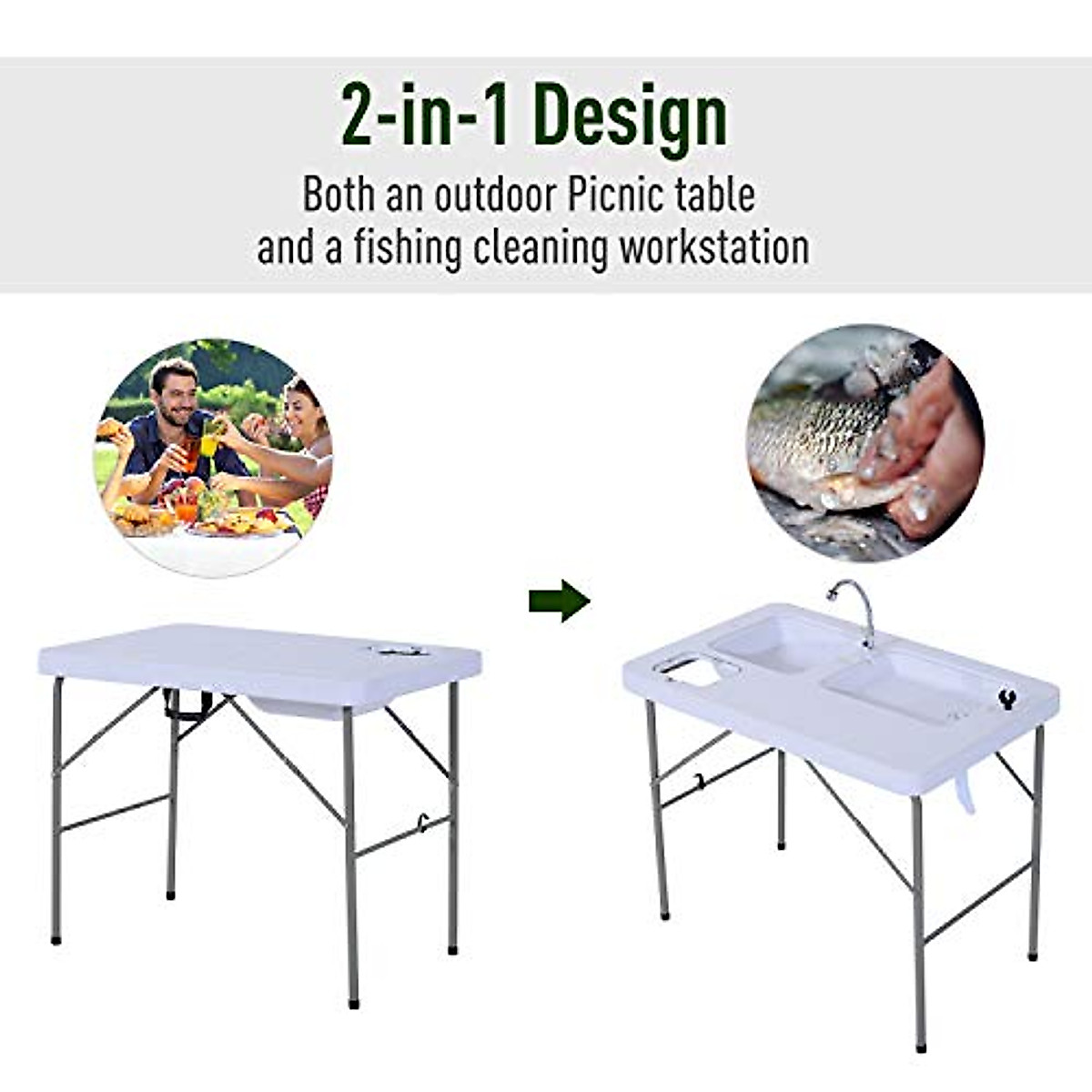 Outsunny Portable Folding Camping Sink Table with Faucet and Dual Water Basins, Outdoor Fish Table Sink, 40''