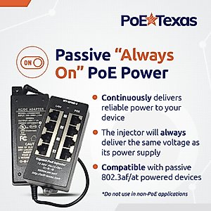 PoE Texas 4 Port PoE Injector - Gigabit Passive Power Over Ethernet with 48V 48W UL Power Supply - 802.3af PoE Injector for VoiP Phones, WiFi Access Points, IP Cameras - Add PoE to Any Switch