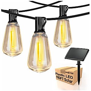 DAYBETTER 100ft Solar Outdoor String Lights Waterproof, ST38 Globe Led Patio Lights with 24 Edison Bulbs, Weatherproof Plastic Outdoor Lights for Yard Porch Bistro