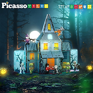 PicassoTiles Haunted House Theme Magnet Tile Building Blocks 8 Action Figures Magnetic Construction Toy Double Sided Printing Education STEM Learning Playset Halloween Adventure Kid Ages 3+ PTQ03