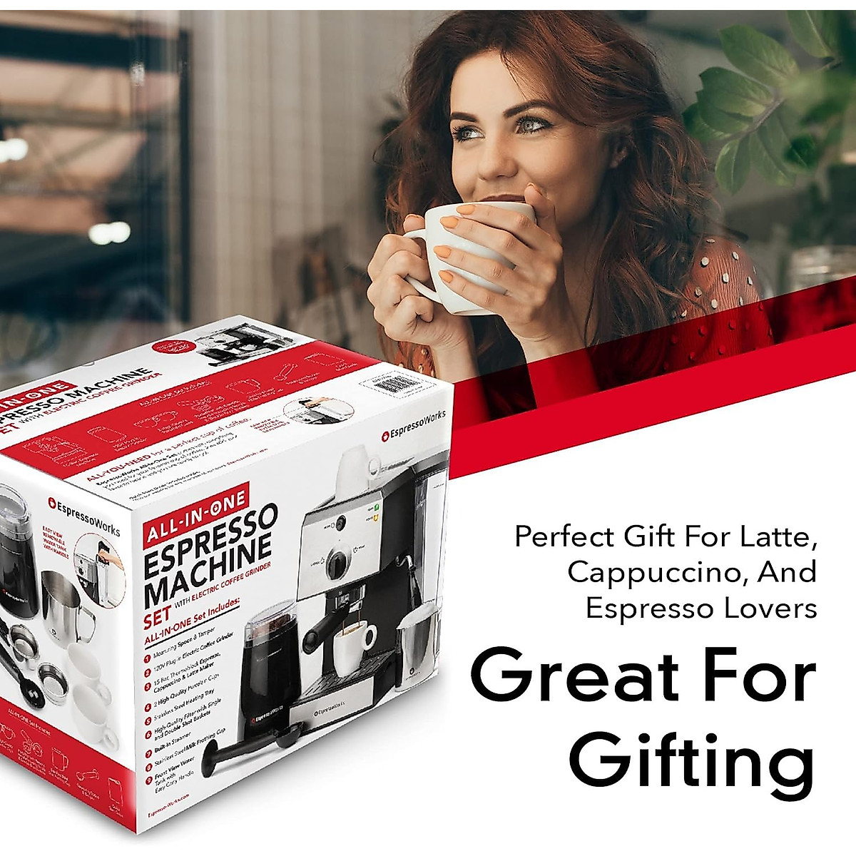 EspressoWorks All-In-One Espresso Machine with Milk Frother 7-Piece Set - Cappuccino Maker Includes Grinder, Frothing Pitcher, Cups, Spoon and Tamper - Coffee Gifts (Red)