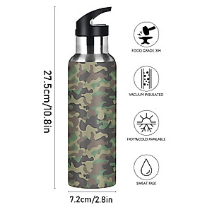 AUUXVA Military Camo Water Bottle with Straw Lid, Cool Army Camouflage Vacuum Insulated Stainless Steel Bottle Keep Hot and Cold Thermo Water Flask Bottle for Sports Gym School,20 oz