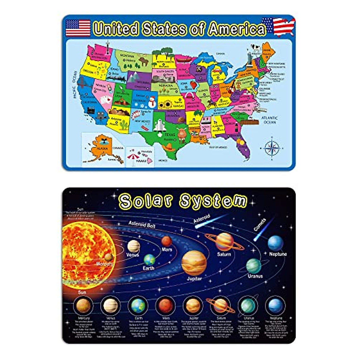 4 Pieces Educational Preschool Placemats for Toddlers and Kids, Non Slip Washable Reusable Learning Placemats for Nursery Homeschool Kindergarten Classroom Supplies (Map, Human Body, Solar System)
