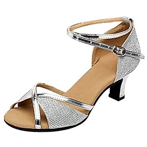 ZSpzx Latin Dance Shoes for Women Open Toe Cross Strap Ankle Buckle Low Heel Latin Ballroom Shoes Professional Cutout Latin Dancing Shoes Ladies Tango Salsa Party Dancing Kitten Heel Sandals