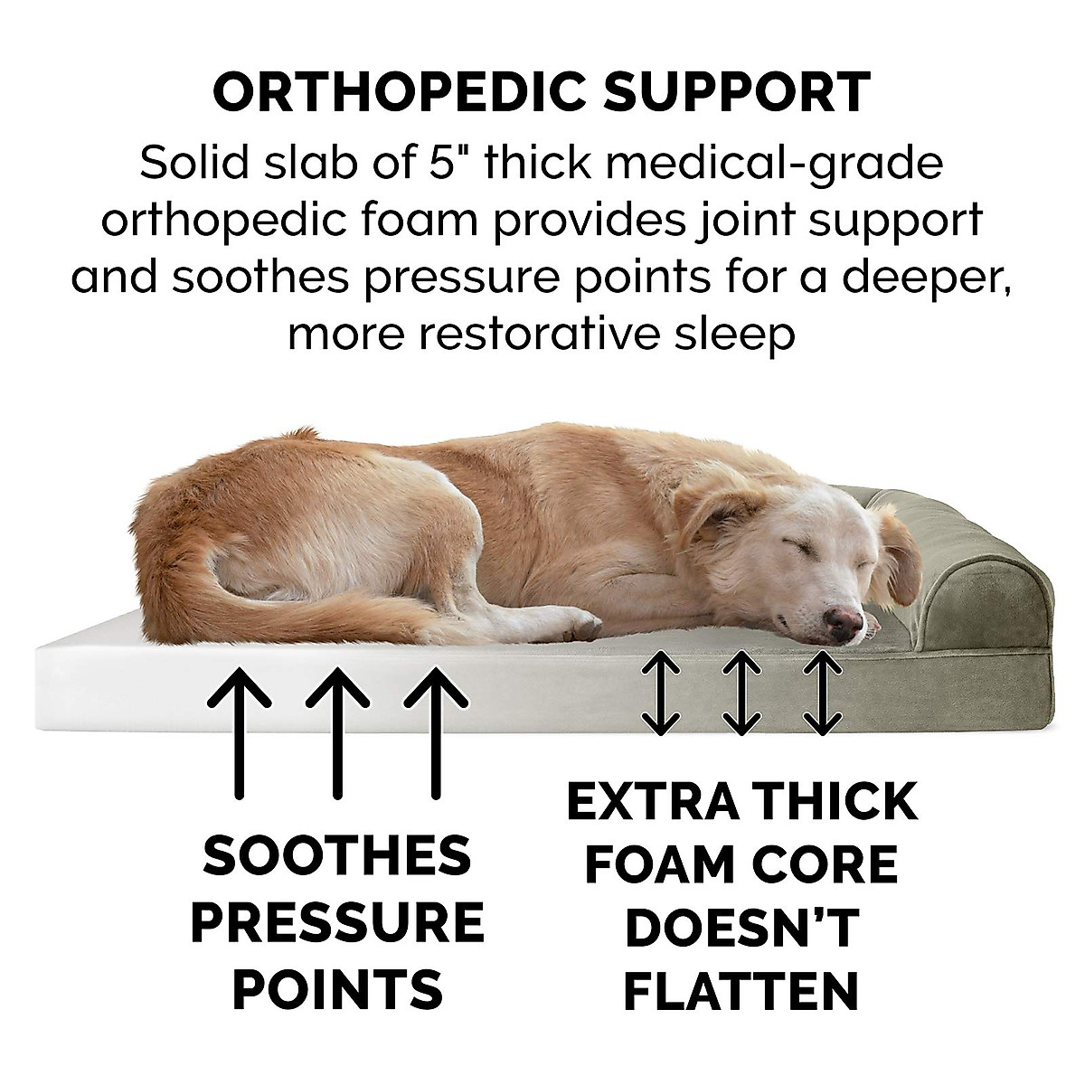 Furhaven Orthopedic Dog Bed for Large Dogs w/ Removable Bolsters & Washable Cover, For Dogs Up to 125 lbs - Faux Fur & Velvet Sofa - Dark Sage, Jumbo Plus/XXL