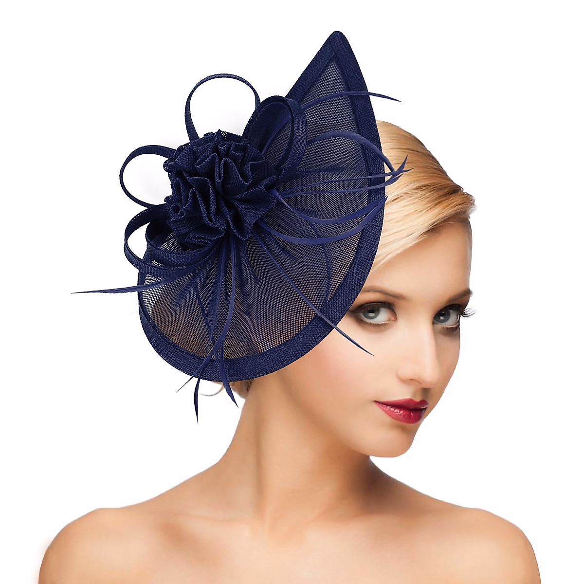 dressfan Fascinator Hat Headpiece Womens Vintage Wedding Headband Derby Hat,20s 50s Mesh Feather Flower Hair Clips Headwear for Kentucky Derby/Wedding/Cocktail/Tea Party,Navy Blue