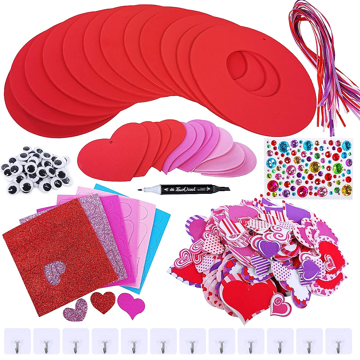 Winlyn 12 Sets Heart Wreath Ornaments Decorations Valentine Crafts Kits for Kids Classroom DIY Valentine's Day Heart Wreath Assorted Heart Cutouts Foam Stickers Googly Eyes Valentine Gift Exchange