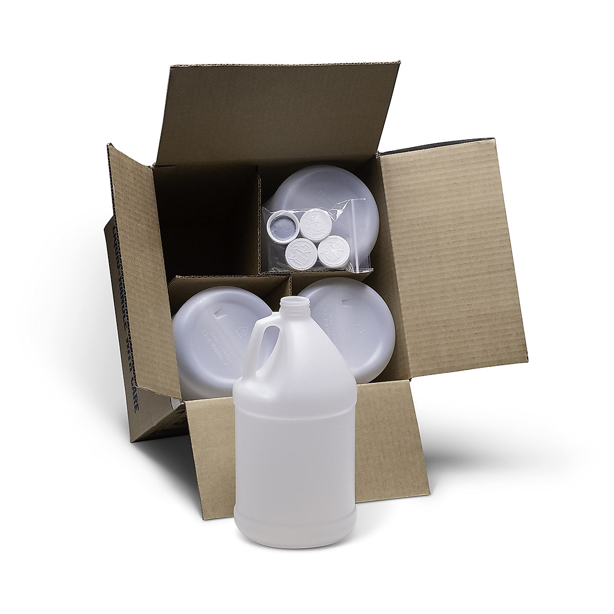 MHO Containers | 1 Gallon HDPE Plastic Jug with Reshipper Box and Child-Resistant Caps | Made in USA — Pack of 4