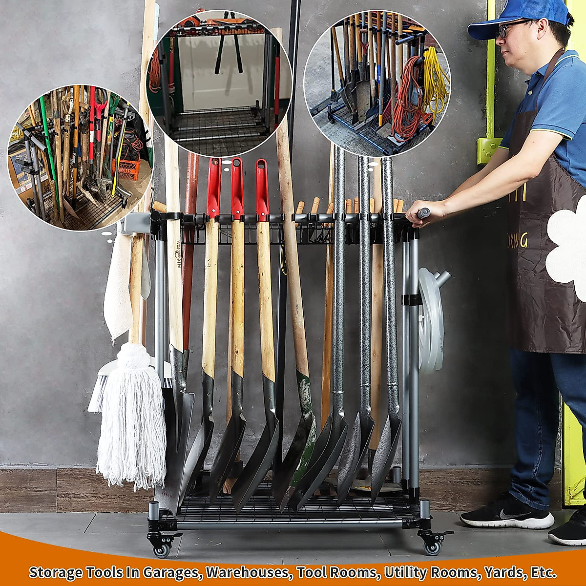 QTJH Heavy duty garden tool organizer garage storage holder storage large long farming tools lawn tool metal rack shovel and rake organizer