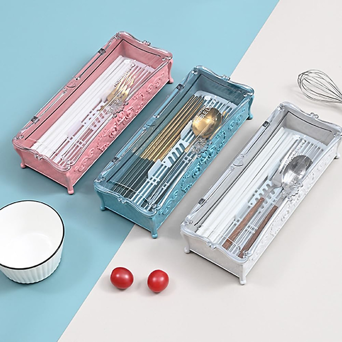 TOPBATHY Flatware Plastic Tray with Lid Kitchen Cutlery and Utensil Drawer Organizer Silverware Countertop Storage Container(Random Color)