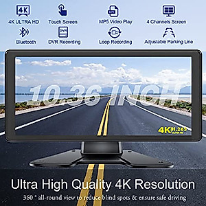 4K RV Backup Camera System 10.36" Quad Split Touch Screen Monitor with 4 1080P Rear Side View Camera, DVR Recording Bluetooth MP3 MP5 IP69 Waterproof Night Vision for RV Truck Semi Trailer Bus Tractor
