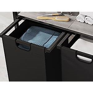 AMHANCIBLE Black Nightstands Set of 2, Small End Tables Living Room with Drawer, Laundry Hamper, Laundry Basket 2 Section