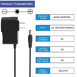 12V 2A AC Adapter Charger Replacement with 10 Tips, Regulated 12 Volts 2000mA Power Supply Cord for LED Strip Light, CCTV Camera, BT Speaker, GPS, Webcam, Router, DC12V Transformer (9.85ft)