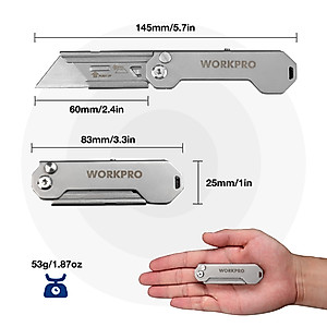 WORKPRO 2PCS EDC Folding Utility Knife, Mini Box Cutter with Quick Open Axis Lock, Quick Change Blade Razor Knife, Foldable Small Pocket Knife with Belt Clip, 2 Packs with 10 Extra Blades