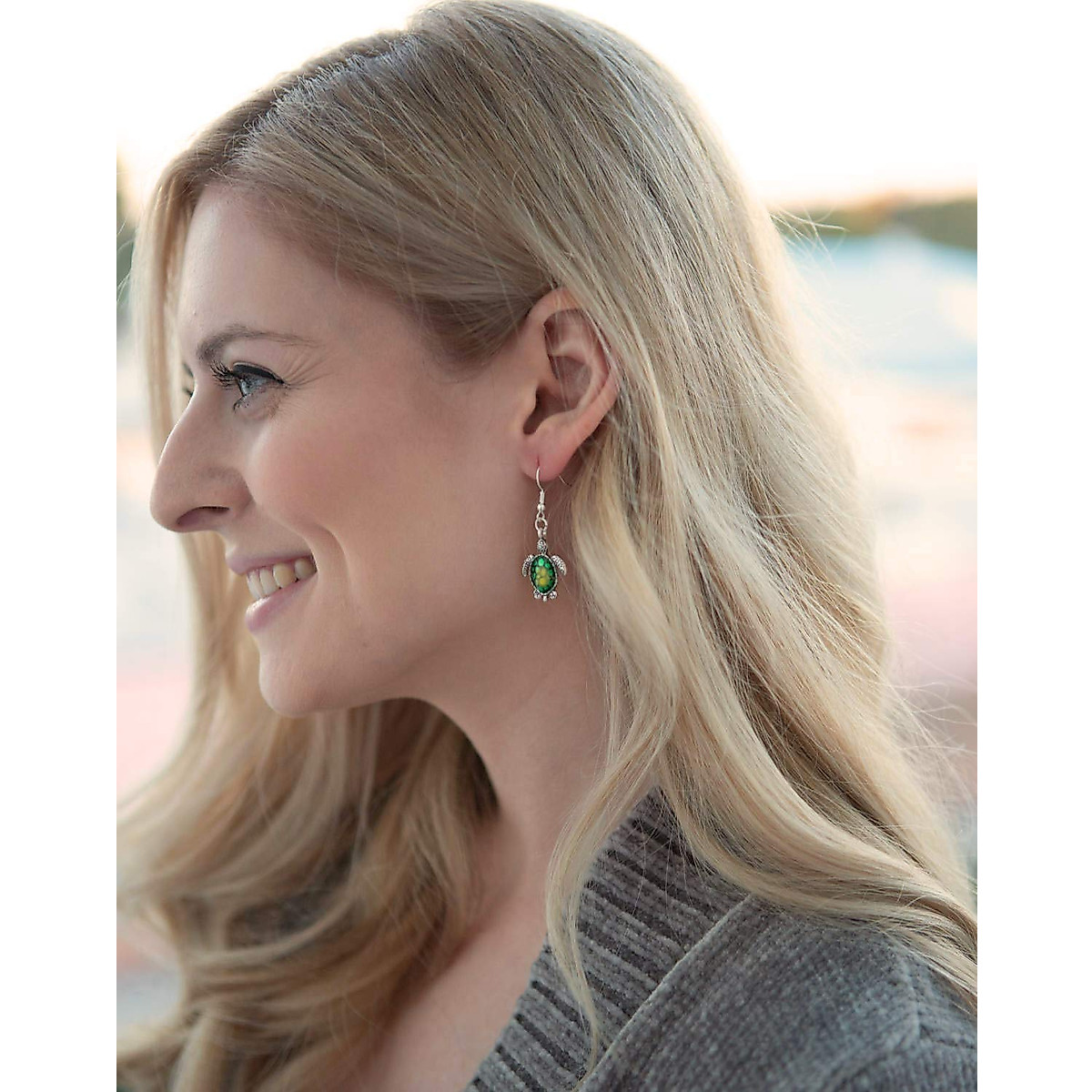 PammyJ Turtle Earrings - Silvertone Green Sea Turtle Dangle Earrings