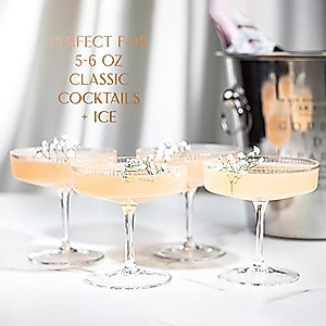 Vintage Art Deco Coupe Glasses | Set of 4 | 7 oz Classic Cocktail Glassware for Champagne, Martini, Manhattan, Cosmopolitan, Sidecar, Daiquiri | Crystal Speakeasy Style Saucer Goblets with Stems