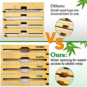 Foil and Plastic Wrap Organizer, 4 in 1 Plastic Wrap Stretch Film Dispenser with Cutter for 12'' Rolls, Storage for Parchment, Wax Paper, Bamboo Roll Organizer Holder for Kitchen Drawer