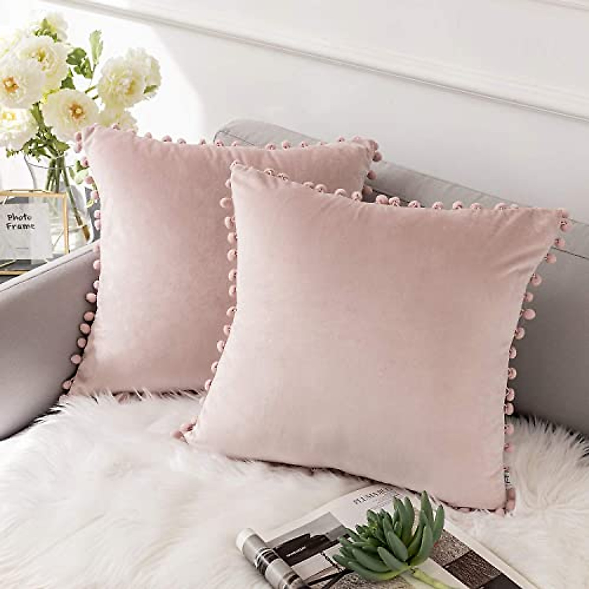 Ashler Home Deco Soft Faux Sheepskin Fur Rug Pink Fluffy Area Rug & Throw Pillow Covers with Pom
