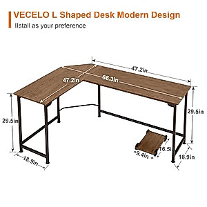 VECELO 66" L Shaped Corner Easy to Assemble Concer Sturdy Home Office Computer Table Larger Gaming Workstation Writing Desk, 66 Inch, Walnut