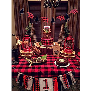 JeVenis Set of 2 Lumberjack Theme Banner Garland Party Supplies Lumberjack Highchair Banner Timber Buffalo Plaid Baby Boy First Birthday Party Photo Backdrop for Kid Birthday Baby Shower Party