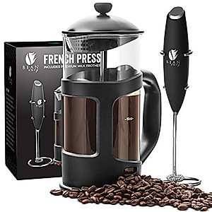 Bean Envy French Press Coffee Maker and Milk Frother Set - 34 oz Glass Carafe Coffee Press & Drink Mixer Duo w/ Stainless Steel Stand