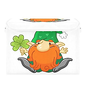 Kigai St.patrick's Day Cute Gnome Storage Basket with Lid,Collapsible Storage Box Fabric Storage Bin for Closet,Office,Bedroom,Nursery