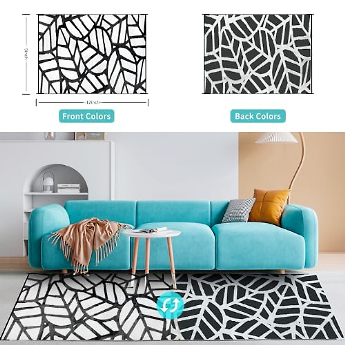 GARTOL 9x12 Outdoor Rug Waterproof, Reversible Plastic Straw Rug for RV, Patio, Backyard, Pool Deck, Picnic, Beach, Camping, Outdoor Carpet Mat (Black & White)