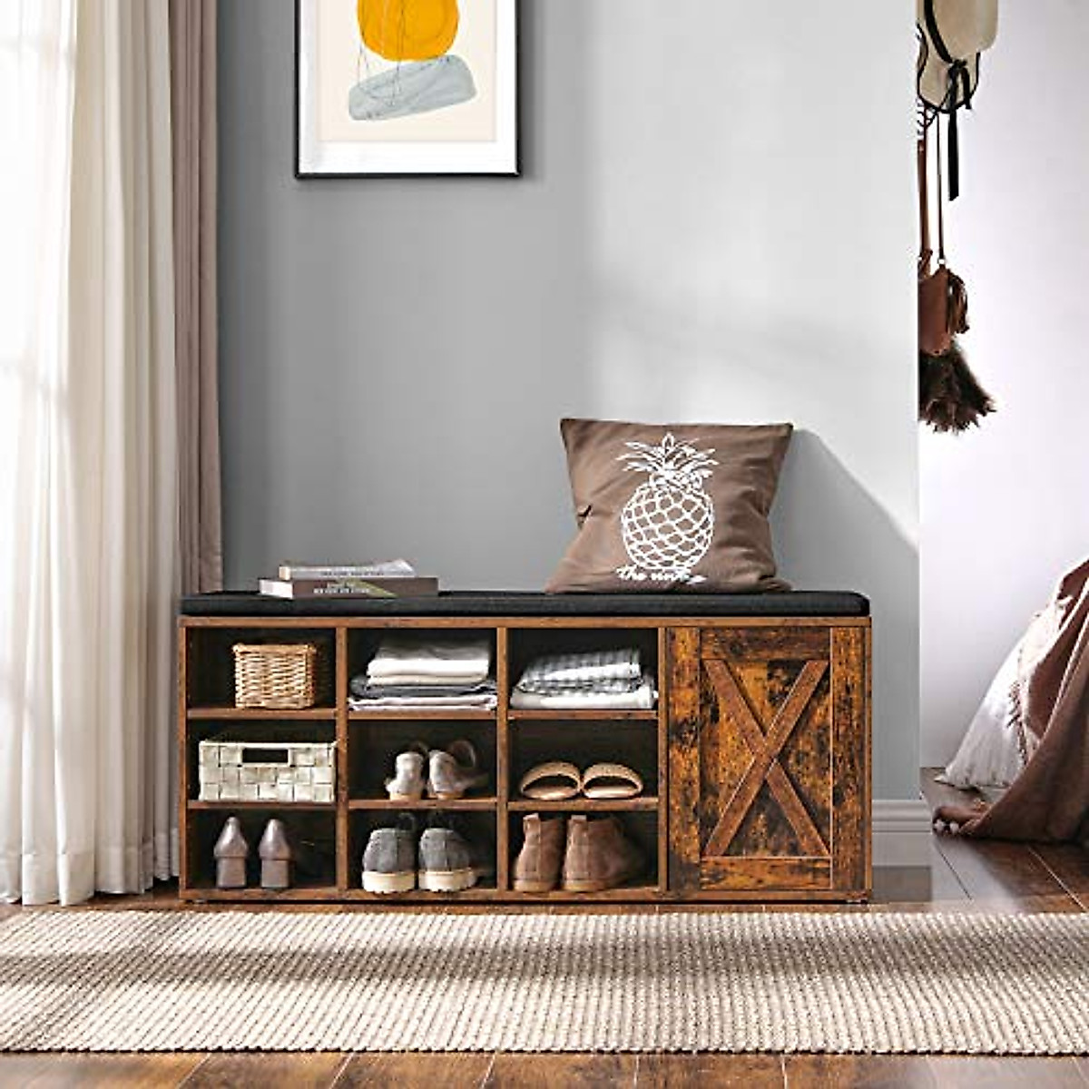 VASAGLE Storage Bench with Cupboard and 9 Open Compartments, Shoe Shelf, Padded Seat, Barn Door, 43.3″L x 11.8″W x 18.9″H (110 x 30 x 48 cm), Rustic Brown