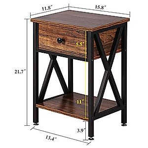 VECELO Side/End Table Drawer & Storage Shelf for Living Room Bedroom, Versatile X-Design, Brown, Nightstand with Drawer, Retro BRN