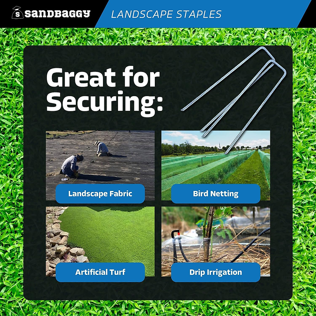 Sandbaggy 6 inch Landscape Sod Staples (8 Gauge Steel) | Great for Hard & Rocky Soil | 40% Thicker Than Standard 11 Gauge Staples | Trusted by Farmers & Contractors Across USA (100 Staples)