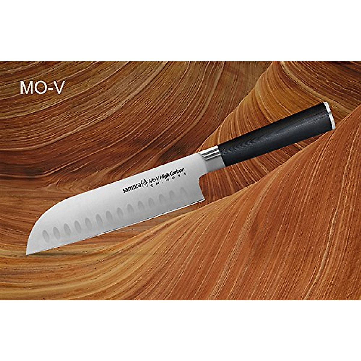 SAMURA MO-V Professional Japanese Kitchen Santoku Knife 7", Hardened to 58-61° HRC, Molybdenum-Vanadium Steel AUS-8 Blade, Ergonomic and Moisture Resistant G-10 Fibreglass Handle
