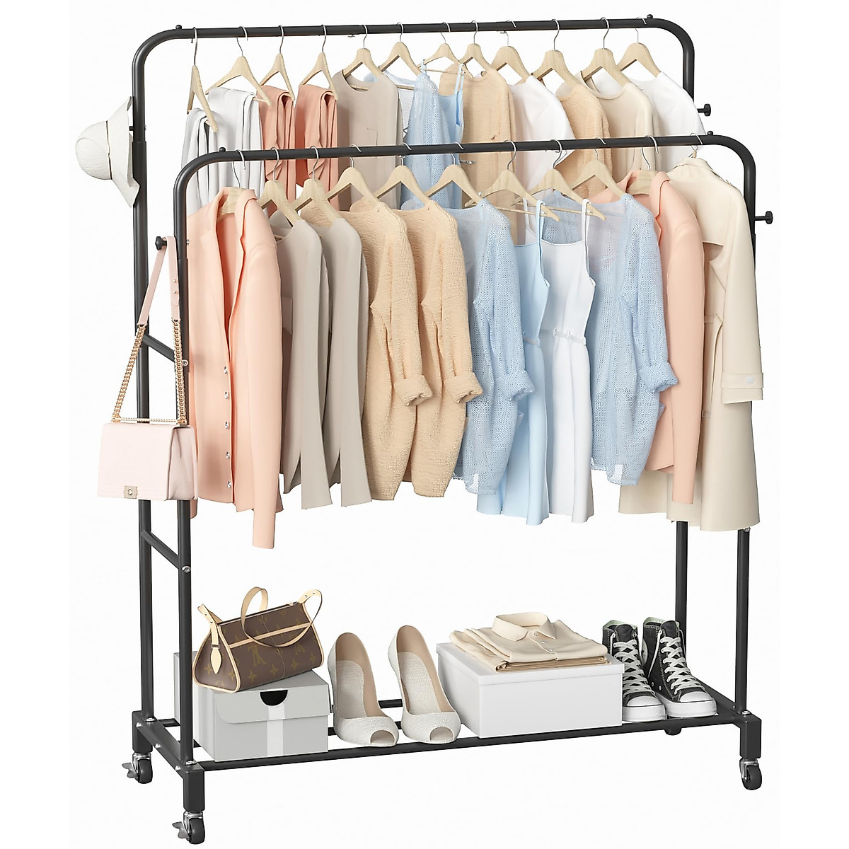 Sooyee Double Rod Clothing Rack with Wheels,3 Tier Garment Racks for Hanging Clothes,Portable Clothes Rack with 4 Hooks for Bedroom,Laundry Room,Black