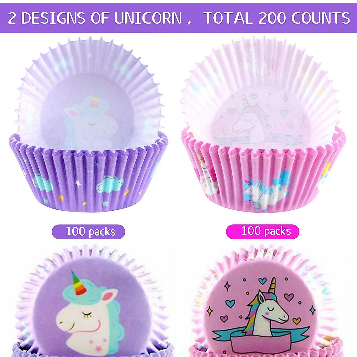 ASTARON 200 Pcs Unicorn Cupcake Liners for Unicorn Party Cup Cake Baking Cups Unicorn Cupcake Case Rainbow Cup Cake Liners for Decorations Girl Kids Birthday Supplies (Light Pink and Purple)