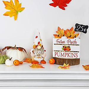 Fall Decorations for Home Indoor, Fall Thanksgiving Table Decor - Wooden Crate with 1 Fall Gnome Plush, 4 Mini Foam Pumpkins & 6 Fall Leaves, Farmhouse Fall Kitchen Tiered Tray Decor Mantle Shelf Desk