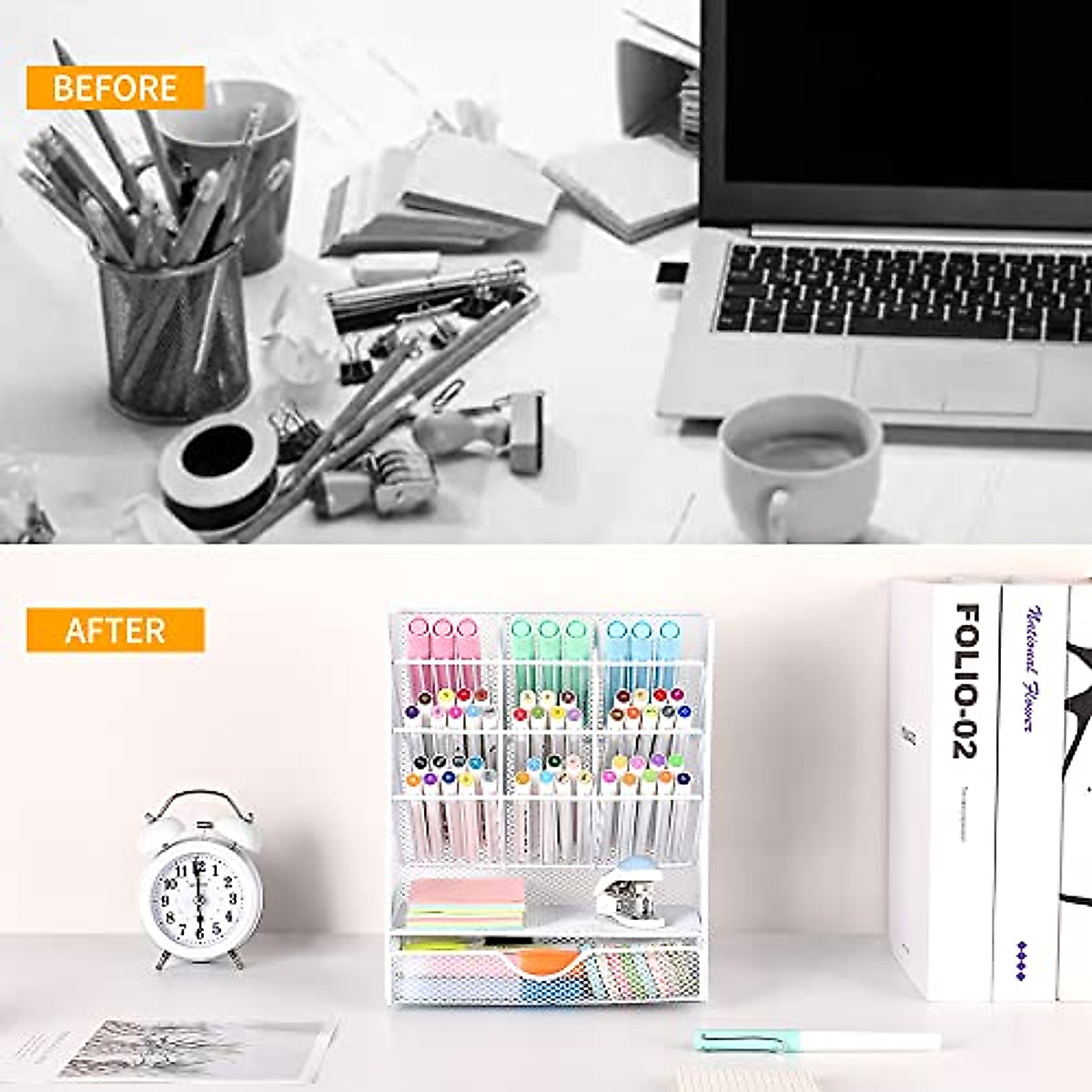 Spacrea Pen Holder Desk Organizer - Desk Organizers and Accessories, Pencil Holder with 10 Compartments and 1 Drawer（White）