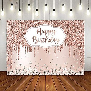 Pink Rose Golden Birthday Party Backdrop Glitter Diamonds Happy Birthday Background Girls Sweet 16 18th 21th Birthday Party Decorations Cake Table Banner Supplies 7x5ft