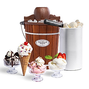 Nostalgia Electric Ice Cream Maker - Old Fashioned Soft Serve Ice Cream Machine Makes Frozen Yogurt or Gelato in Minutes - Fun Kitchen Appliance - Vintage Wooden Style - Dark Wood - 6 Quart and Nostalgia ice Cream Rock Salt, 4lb, Tub
