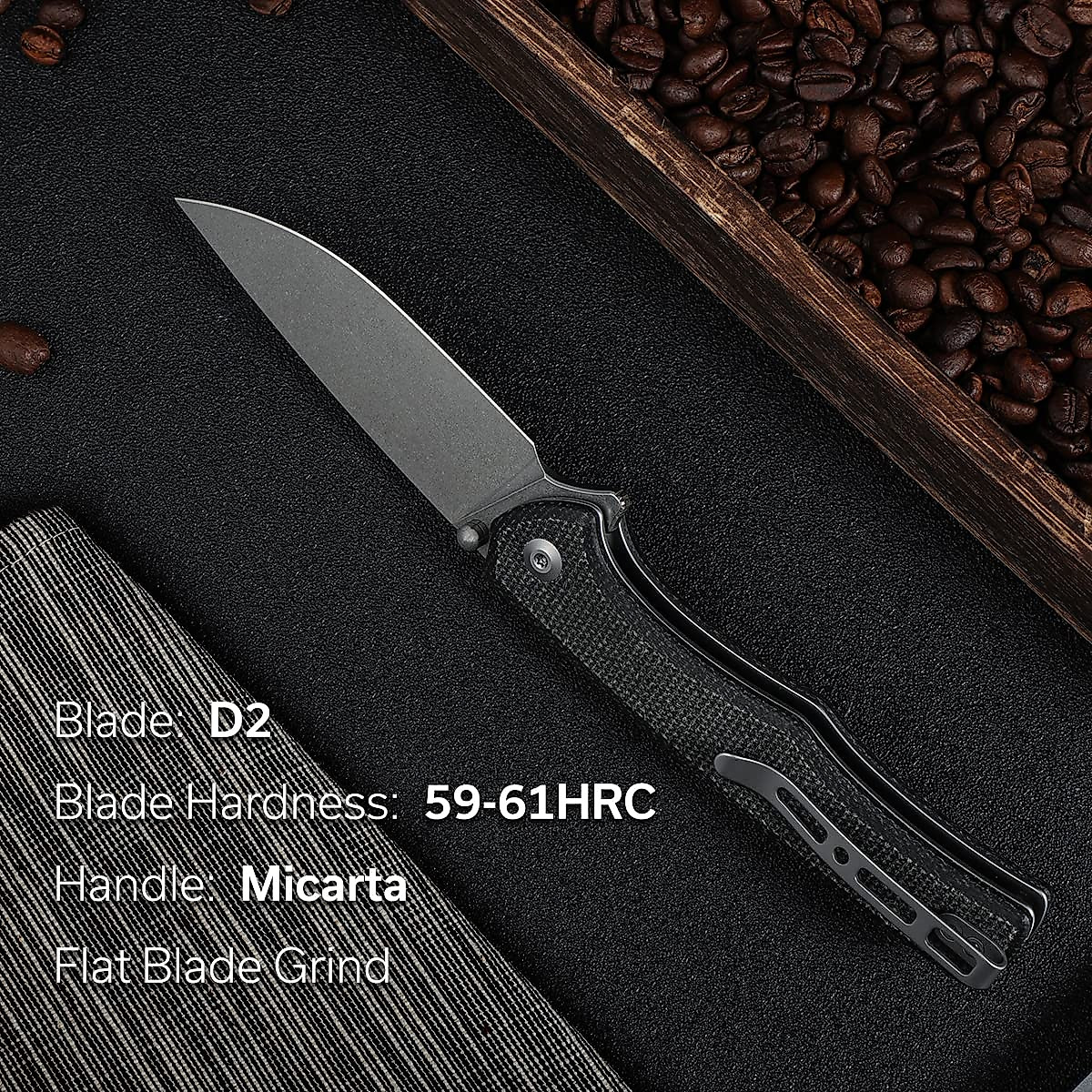 SENCUT Crowley Pocket Knife Button Lock Folding Knife for EDC, Black Micarta Handle Stonewashed D2 Blade Foldable Small Knife with Clip, Everyday Carry Knife for Men Women, Lightweight for Indoor Outdoor Gift S21012-2