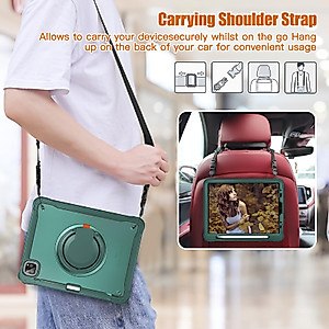 SLLMYYX Case for iPad Pro 11 inch 2022/2021/2020/iPad Air 5th/4th, 360 Rotating Hand Grip Kickstand Heavy Duty Protective Cover with Shoulder Strap (Midnight Green)