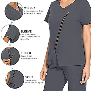 niaahinn Scrubs Top V-Neck with Zipper for Women Originals Women's Mecical Uniform Top (Grey,L,Large)