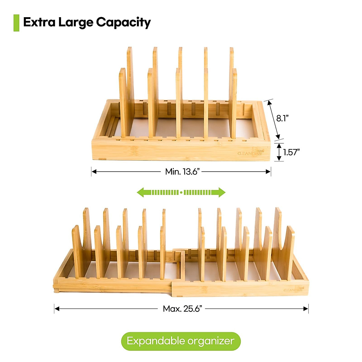 Pots and Pans Organizer under Cabinet, Bamboo Expandable Bakeware and Cutting Board Organizers, Adjustable Pot Lids Holder Rack, Cookie Sheet Baking Pan, Tray Organizer for Kitchen Storage (Natural)