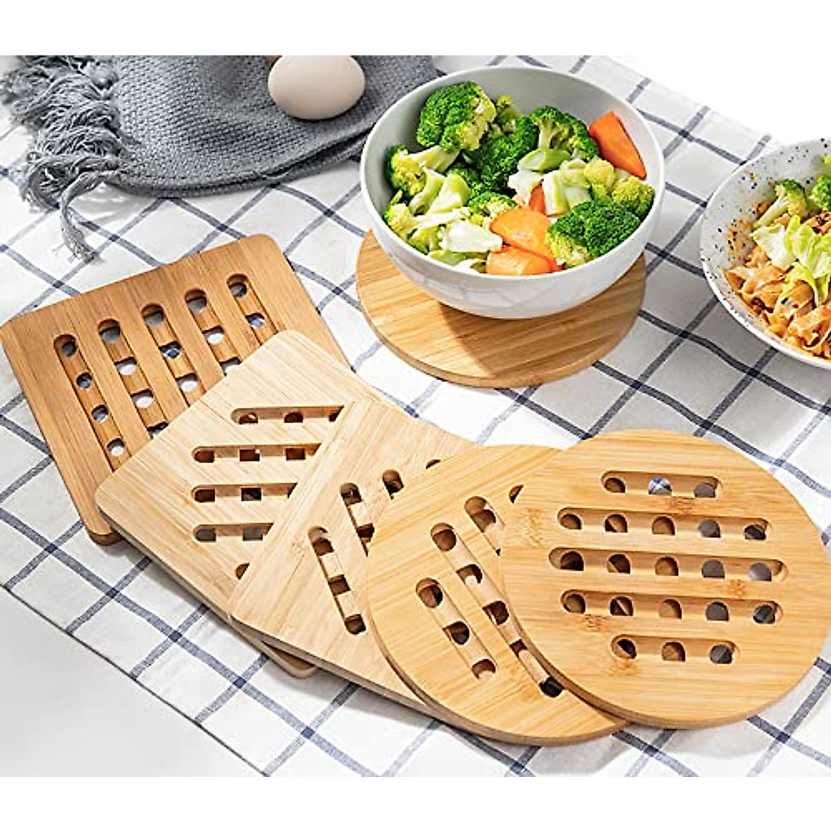 Lawei Set of 8 Bamboo Trivets - Bamboo Hot Pads Trivet with Non-Slip Pads Heat Resistant Pads, for Hot Dishes Pot Bowl