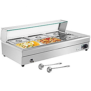 110V Electric Countertop Food Warmer - 6 Pan x 1/2 GN, Commercial Food Steam Table with 6-Inch Deep Pans, Food Grade Stainless Steel, 1500W, 66 Quart Capacity, Tempered Glass Shield