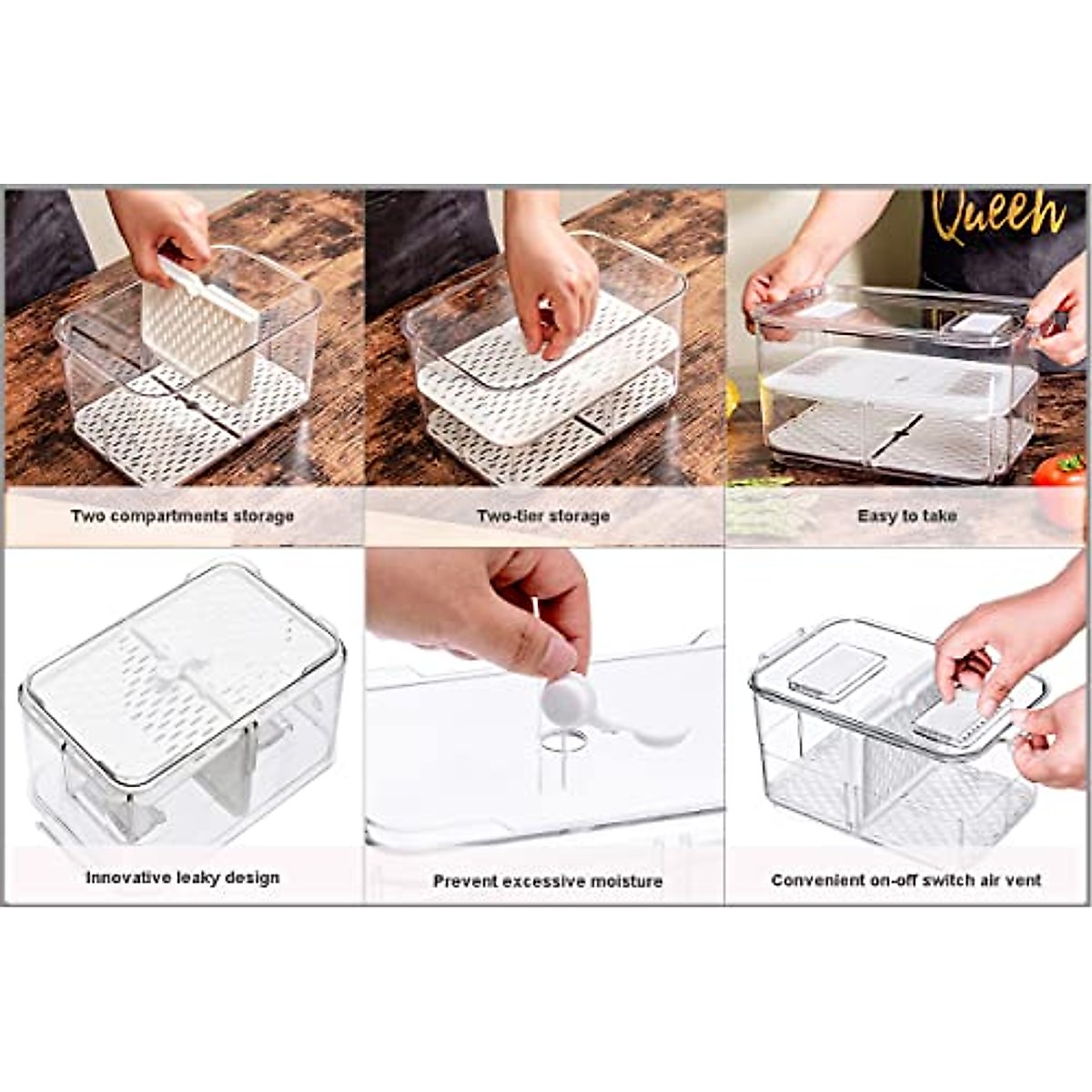 SANNO Produce Saver Storage Containers, Vegetable Fruit Storage Large Containers Bins, Refrigerator Fridge Stackable Bins Fresh Keeper with Lids and Vents,Stackable Salad Lettuce Keeper,2 Pack