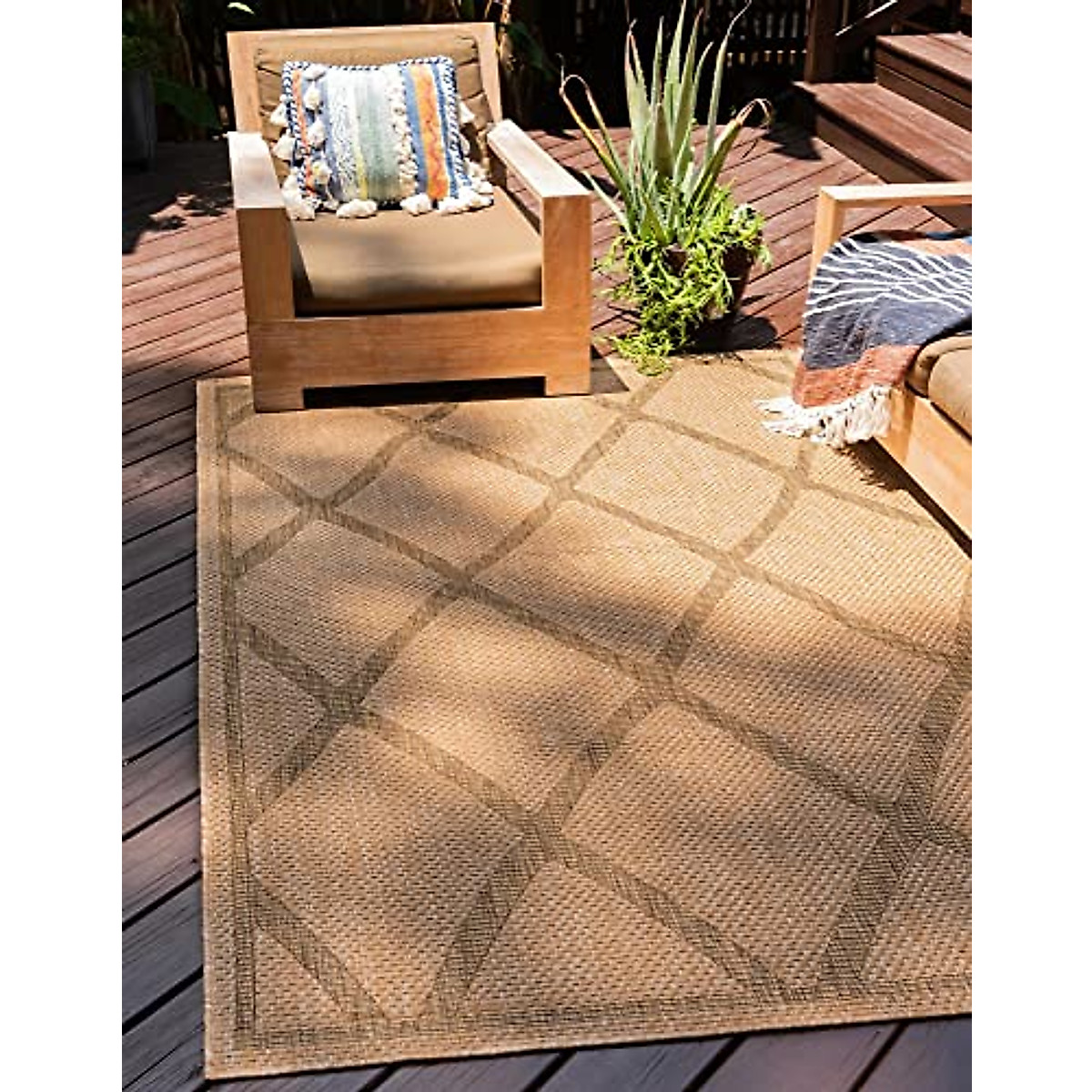 Unique Loom Trellis Collection Area Rug-Geometric Lattice Design, Moroccan Inspired for Indoor/Outdoor Décor, 6 ft x 9 ft, Light Brown/Brown