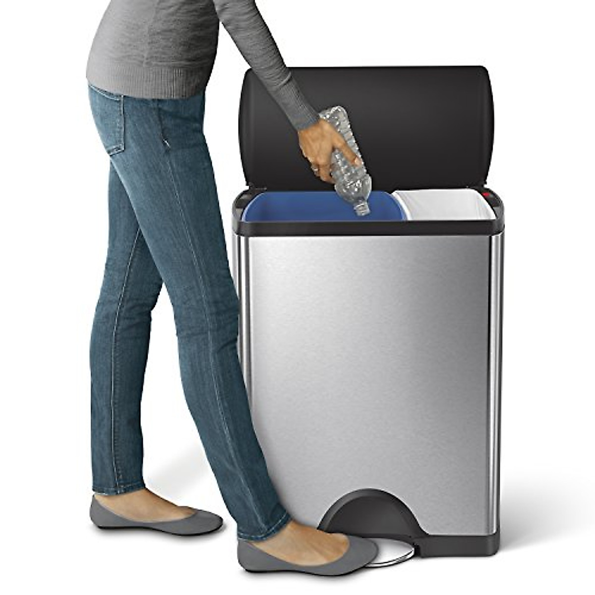 simplehuman 46 Liter / 12.2 Gallon Rectangular Kitchen Dual Compartment Recycling Step Trash Can, Brushed Stainless Steel