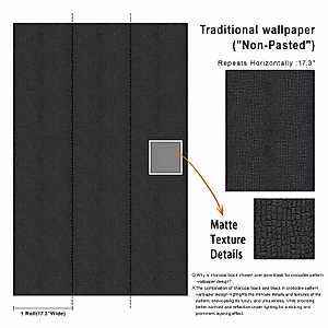 JiffDiff Black Crocodile Wallpaper Textured Wallpaper Charcoal Black Matte Non Woven 3D Embossed Wallpaper Non-Pasted Wallpaper 19.7Ft x 17.7''