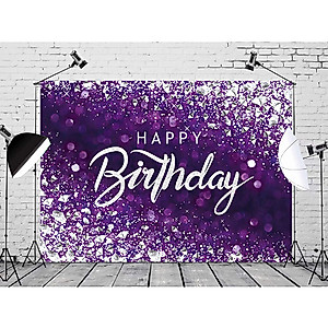 SVBright Purple Happy Birthday Backdrop for Women 7Wx5H Shinning Diamond Silver Bokeh Dots Woman Girls Elegant Sweet Princess Polyester Fabric Photography Background Banner Photo Booth Photo Studio