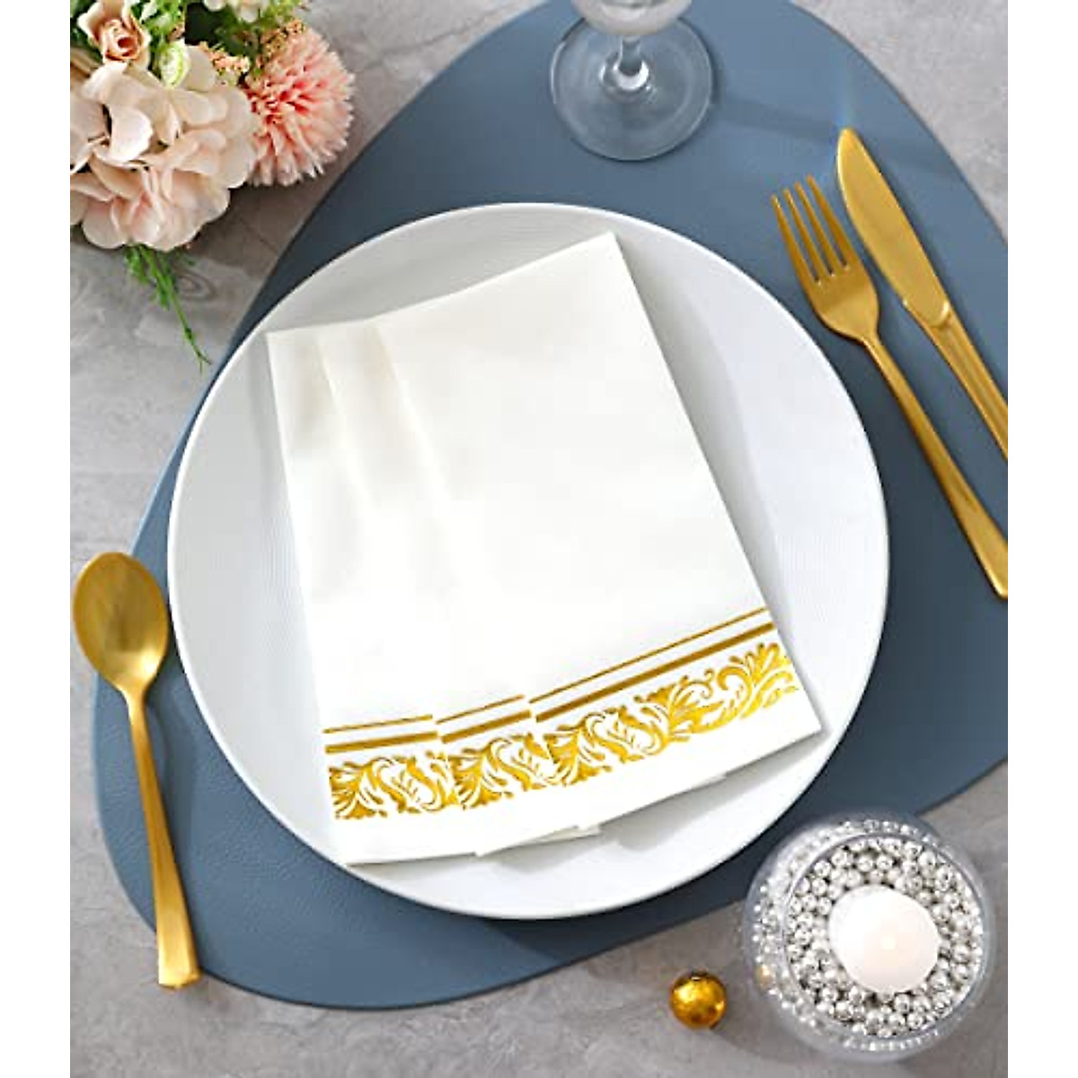 White and Gold Napkins Disposable Decorative - 100 PK - Linen Feel Paper Guest Towels Disposable Bathroom Fancy Wedding Napkins White Dinner Napkins Party Napkins Cloth Like